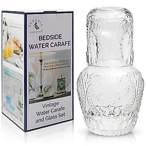 Bedside Water Carafe and Glass Set Vintage Nightstand Glass Carafe with cup to keep you hydrated during the night or popular mouthwash decanter or small water carafe.