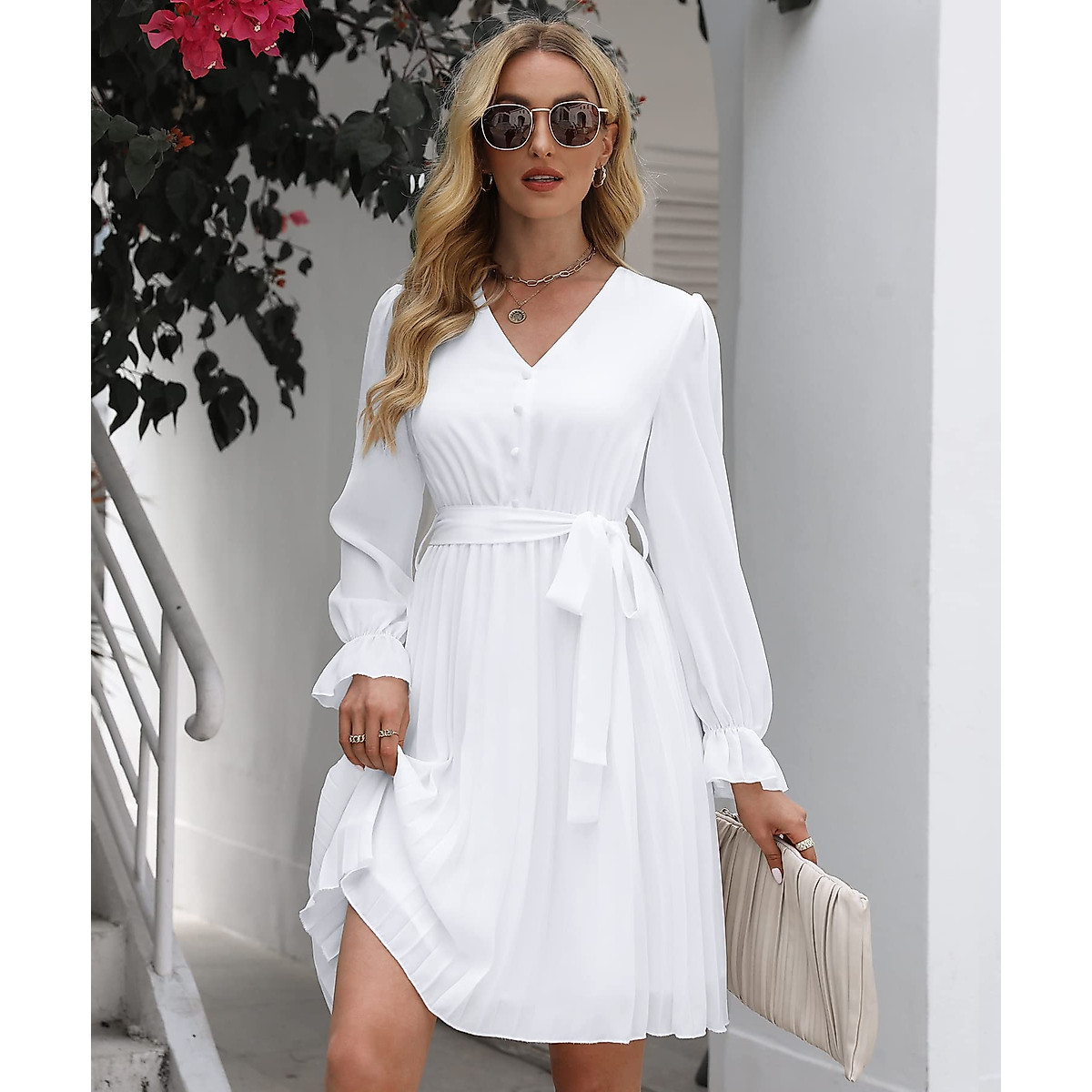 Kenaque Womens Long Sleeve V Neck Dresses for Wedding Guest Ruffle Lantern Sleeve Pleated Mini Dress with Belt Off-White