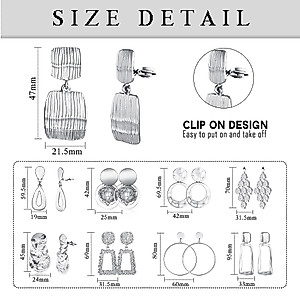 Subiceto 9 Pairs Silver Clip on Earrings for Women Statement Clip On Earrings Large Silver Geometric Clip Earrings Square Rectangle Round Clip Dangle Earrings Non Pierced Earrings Set