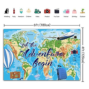 Adventure Awaits Backdrop Travel Themed World Map Photography Background Let The Adventure Begin World Travel Graduation Birthday Baby Shower Party Decorations Banner (6x4ft(70x40inch))