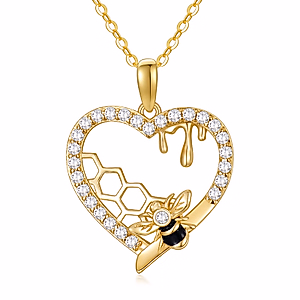 KECHO Gold Bee Necklace Gifts for Mom Women 14k Yellow Gold Honeycomb Honey Bee Pendant Necklaces Love Heart Jewelry Gifts for Women Her Wife