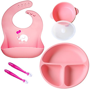 YMCF Products Baby or Toddler Feeding Set | Silicone Bib, Divided Plates, Suction Bowls & Spoons, Dishwasher-Safe, Easy-Wipe Cleaning (Pink)