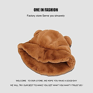 Kawaii Cute Bear Ear Fuzzy Bucket Hat for Women, Winter Warm Soft Fluffy Plush Faux Fur Fisherman Cap Foldable Aesthetic Hat (Brown)