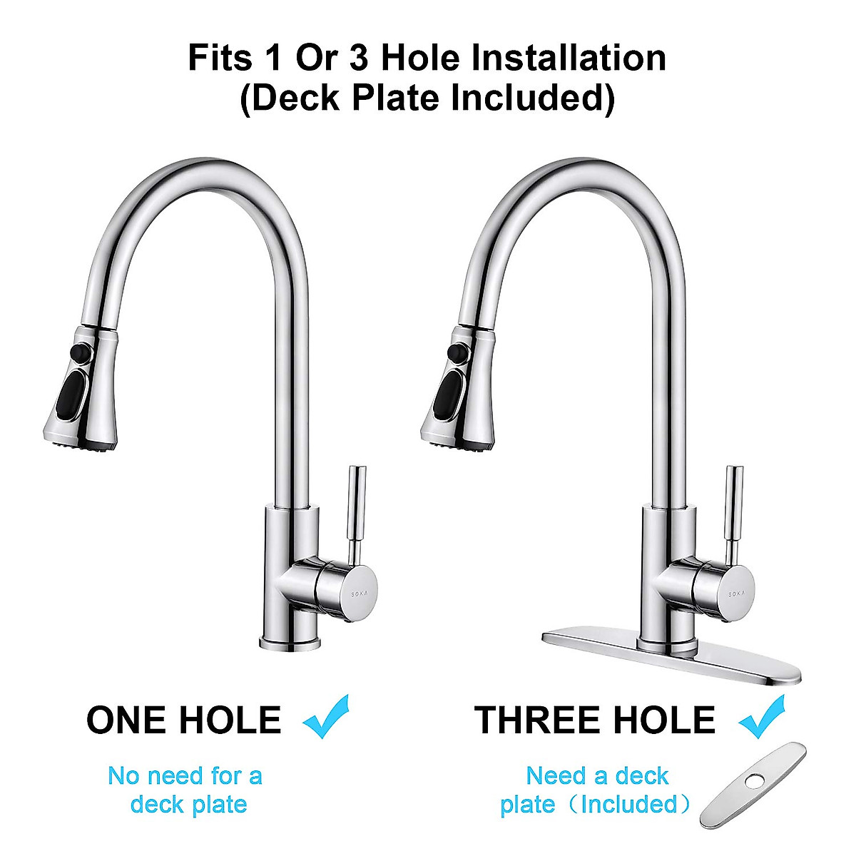 SOKA Single Handle Kitchen Faucet Stainless Steel High Arc Modern Style Aquablade Sweep, Stream & Spray Fit for One & 3 Hole