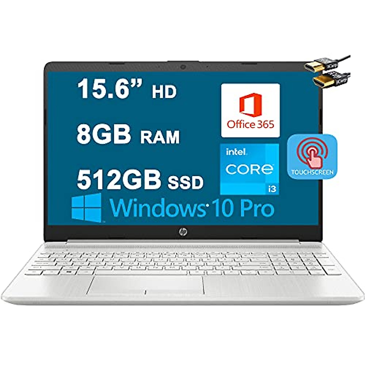 HP Business 15 Laptop 15.6” Diagonal HD Touchscreen 11th Gen Intel Core i3-1115G4 (Beat i5-8265U) 8GB RAM 512GB SSD Intel UHD Graphics USB-C Office365 Win10 Pro + HDMI Cable