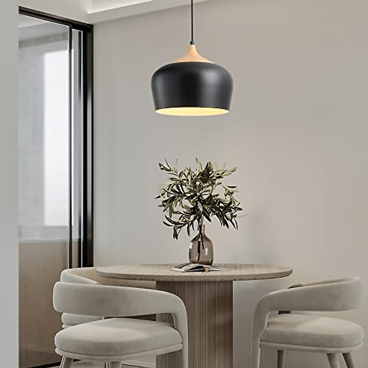 KARMIQI Farmhous Pendant Lights LED Bulb Included Black Pendant Lights Kitchen Island with Metal and Faux Wood Shade, Pendant Hanging Light Fixtures for Kitchen, Dining Room, Living Rooms,Hallway