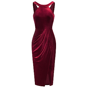 GRACE KARIN Halterneck Dresses for Women 2023 Sleeveless Ruched Bodycon Slit Wrap Party Cocktail Velvet Midi Dress,Wine,L