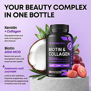 Biotin and Collagen Supplements with Keratin - Hair Vitamins - Hair Skin & Nails Vitamins with Biotin, Collagen, B Complex - Made in USA - Biotin Supplement for Strong Hair, Skin & Nails - 60 Capsules