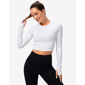 SANTINY Women's Long Sleeve Crop Workout Tops Slim Fit Gym Yoga Running Shirts for Women(A White_M)