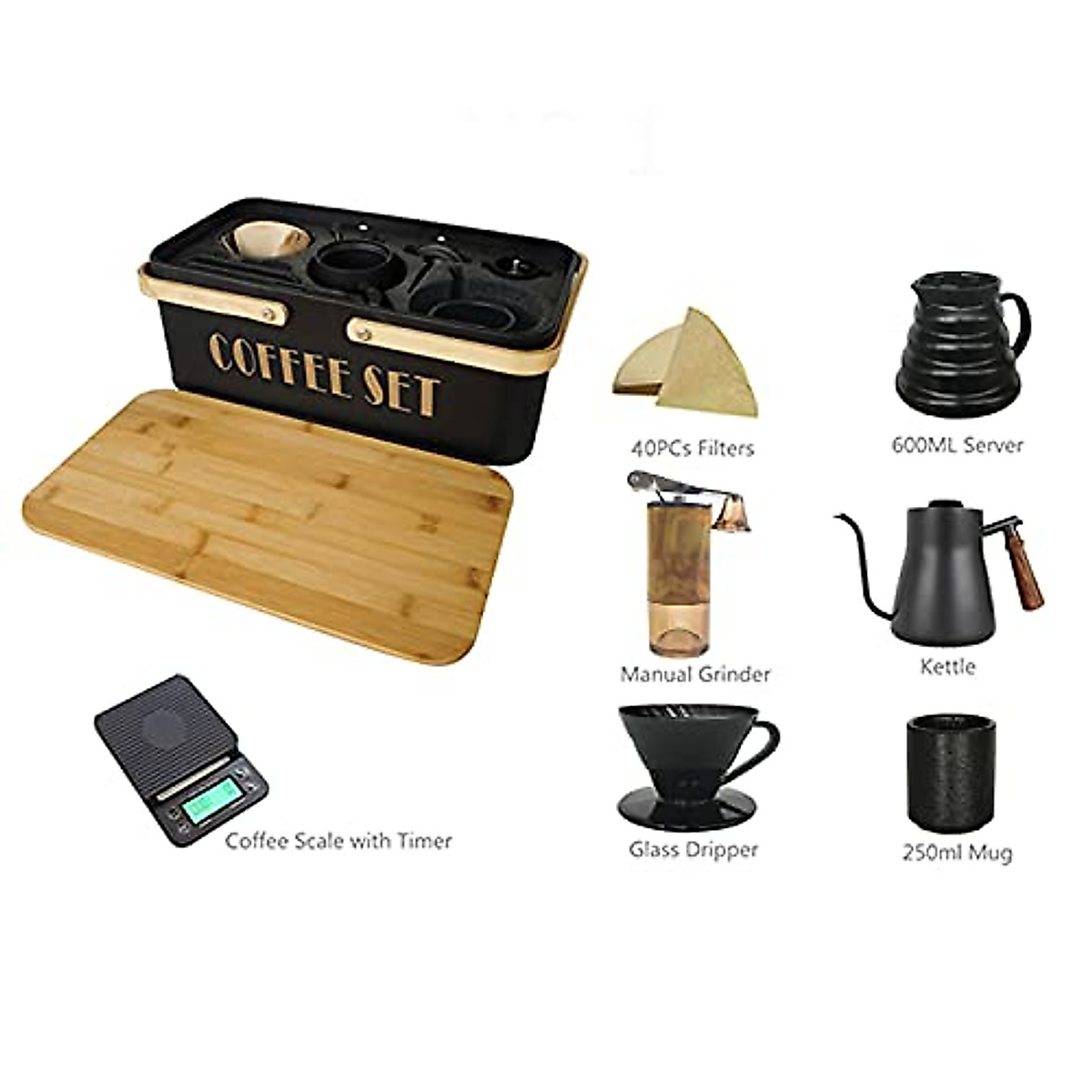 SOTECH Pour Over Coffee Maker Set Coffee Kettle Scale Ceramic Server Ceramic Dripping Cup Bean Grinder Filter Paper Ceramic Cup ALL in 1 Portable Metal Box for Traveling