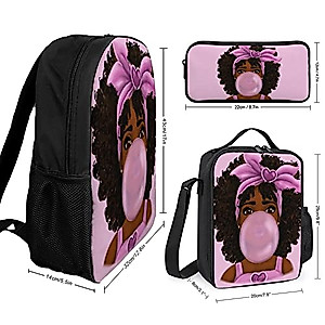FDASLJ African Black Girl Backpack 3 In 1 Pink Book Bag Daypack with Lunch Bag/Box Pencil Case
