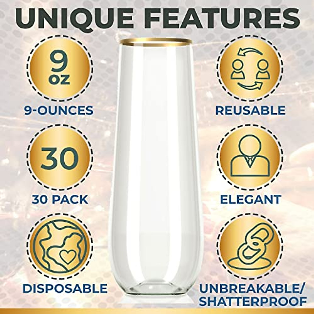 30 Plastic Stemless Champagne Flutes - Disposable Unbreakable 9 Oz toasting glasses, With Gold rim | Reusable, Clear, Fancy & Shatterproof Champagne Glasses - Ideal for Weddings, Birthdays, Parties