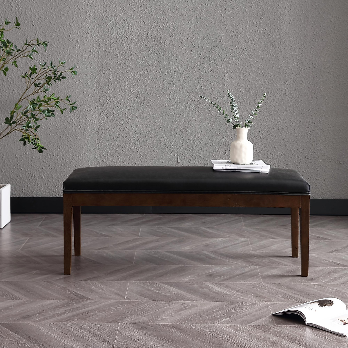 chairus PU Leather Upholstered Entryway Bench Dining Table Benches Farmhouse Shoe Bench Seat for Hallway Bedroom End of Bed Vintage 45.5" Wooden Leg Benches for Kitchen Restaurant Window, Black