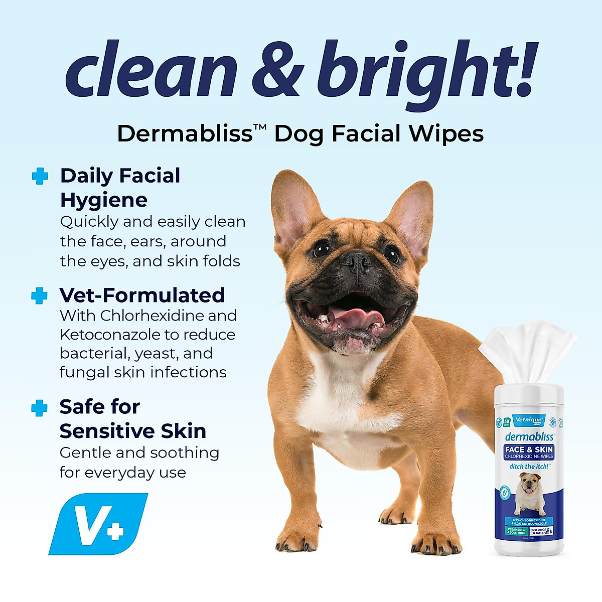 Vetnique Dermabliss Dog Face Wipes - Medicated Chlorhexidine Wipes for Dogs with Wrinkles, French Bulldog, English Bulldog Dog Grooming Wipes Cleaning & Deodorizing Dog Wipes 60ct