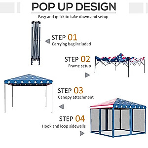 Outsunny 10' x 10' Pop Up Canopy Tent with Netting and Portable Carry Bag, Instant Sun Shelter, Tents for Parties, Height Adjustable, for Outdoor, Garden, Patio, American Flag