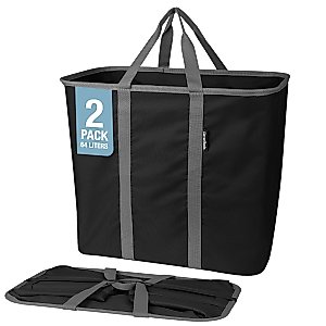 CleverMade Collapsible Laundry Caddy, Black/Charcoal 2PK - 64L (17 Gal) Large Foldable Laundry Basket with Sturdy Pop-Up Wire Frame and Long Carry Handles - Space-Saving, Collapsible Laundry Basket