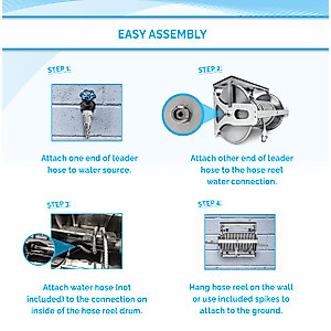 Morvat Stainless Steel Metal Water Hose Reel for 150FT Hose, Retractable Garden Hose Holder with Storage Shelf & Crank, Wall/Floor Mount, Includes 5Ft Leader Hose with ON/OFF Valve & Accessories