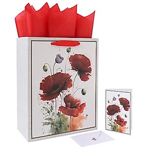 Qirrmiy 13” Large White Gift Bag Set with Greeting Card and Tissue Paper (Watercolor Red Flowers) for Celebrating Birthdays, Weddings, Anniversaries, Mother's Day - 10.2”x5.2”x13”, 1 Pcs.