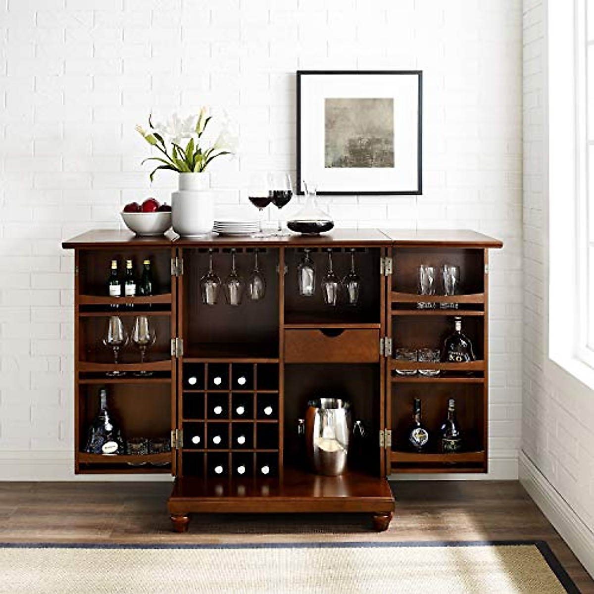 Crosley Furniture Cambridge Expandable Bar Cabinet with Storage Shelves, Drawer, and Wine Rack, Vintage Mahogany