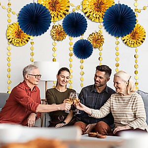 Cheerland 40th Birthday Paper Fan Garland Backdrop Kit Navy Blue Gold Rosette Hanging Gold Circle Dot Garland Decor for Men Birthday Graduation Bridal Baby Shower Party Decorations - Pack of 14