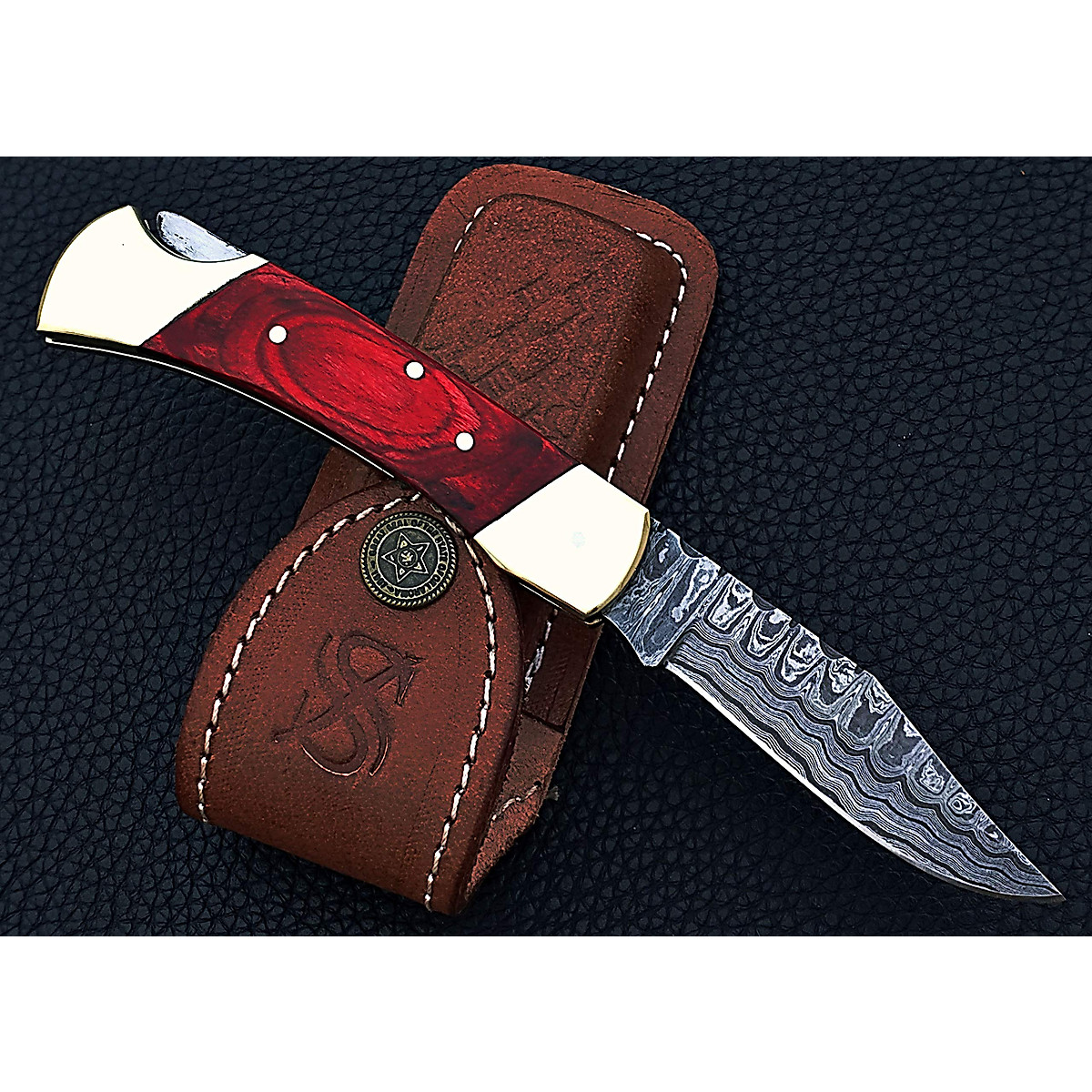 Smart & Sharp Custom Handmade Damascus Steel Folding Knife/Pocket Knife AR-17394 (Red Colored wood) (Red)
