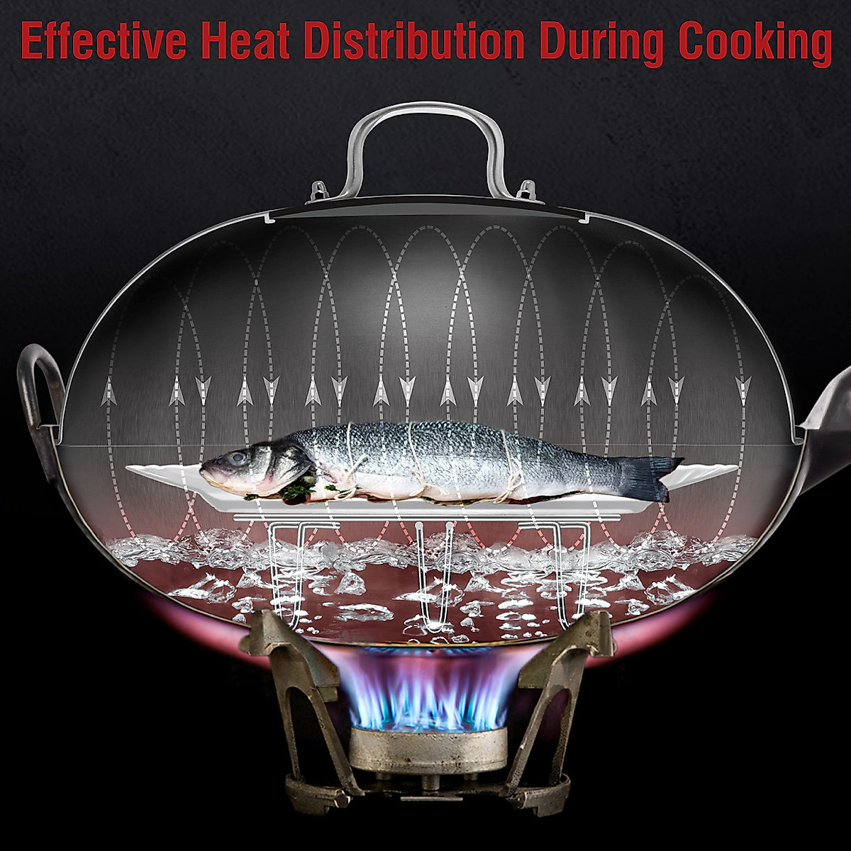 YOSUKATA Carbon Steel Wok Pan - 14 “ Woks and Stir Fry Pans With Wok Lid 13.6 Inch - Premium Stainless Wok Cover with Tempered Glass Insert Steam Holes +17’’ Wok Spatula and Ladle