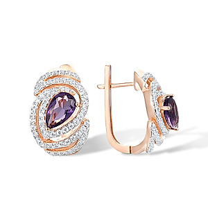 Santuzza 925 Sterling Silver Pear Shape Purple Glass Earrings Cubic Zirconia 14K Rose Gold Plated Dangle Earrings for Women