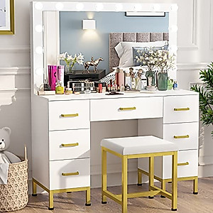 PAKASEPT Vanity Set with Lighted Mirror, Makeup Vanity Dressing Table with 14PCS LED Bulbs, Cushioned Stool & 7 Drawers, Large 44" White Vanity for Bedroom, Powder Room