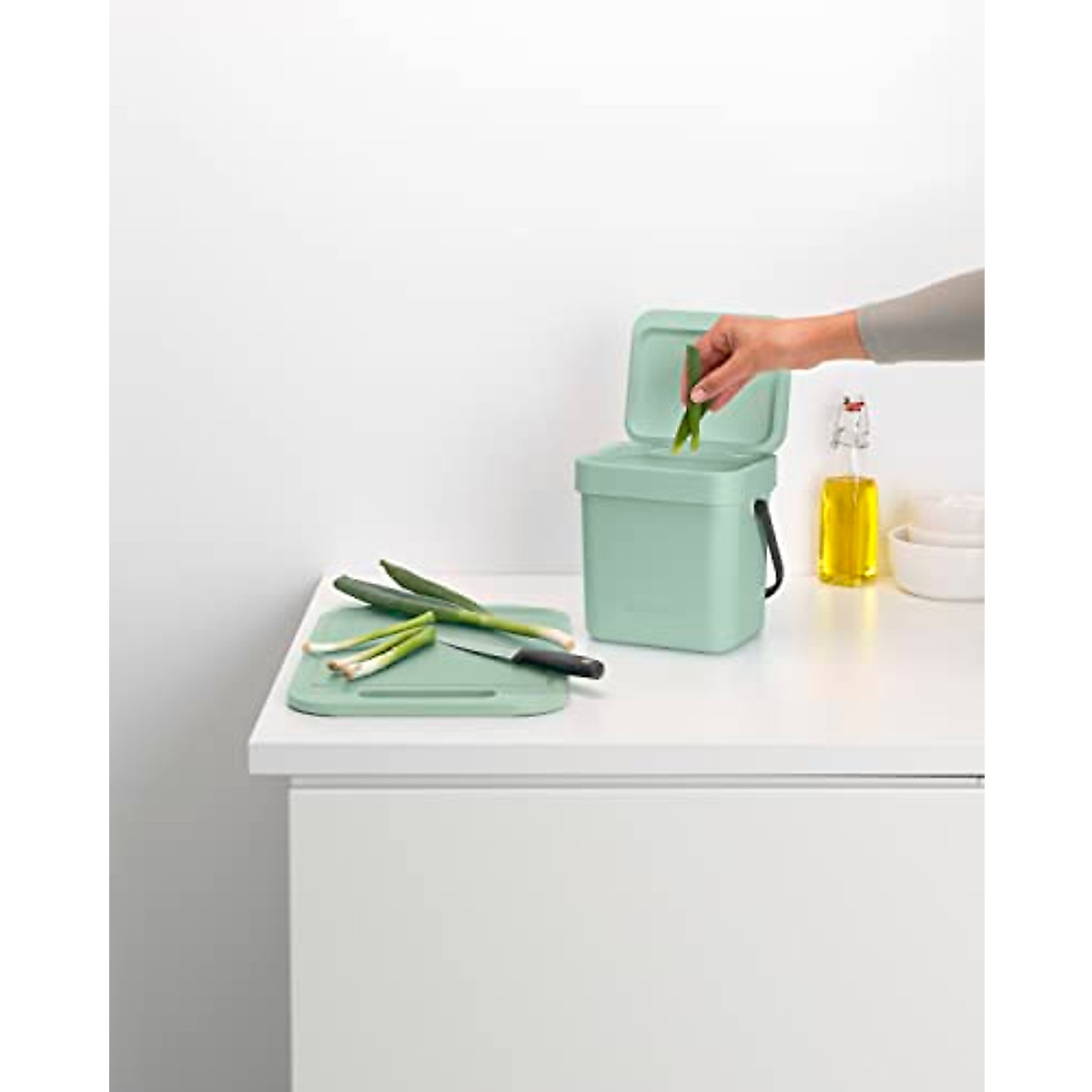 Brabantia Sort & Go Food Trash Can (0.8 Gal/Jade Green) Small Countertop Kitchen Compost Caddy with Handle & Removable Lid, Easy Clean