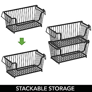 mDesign Stackable Metal Basket for Kitchen Storage - Wire Farmhouse Bin Basket w/Handles for Pantry - Stacking Wire Basket Organizer for Food, Drinks, Snacks - Hyde Collection, 6 Pack, Black