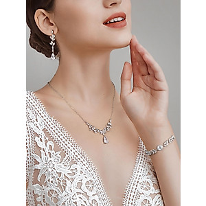 SWEETV Bridal Jewelry Set for Wedding, Cubic Zirconia Necklace Dangle Earrings Bracelet Set, Teardrop Marquise Brides Bridesmaids Wedding Prom Jewelry Sets for Women