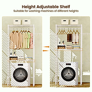 Memobarco Over Washer and Dryer Shelves, 2 Tiers Metal Clothes Drying Rack, Laundry Room Bathroom Organization, Space Saving Freestanding Closet Organizer Storage with Wire Shelves Side Hooks, White