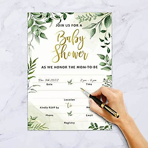 25 Double-Sided Greenery Baby Shower Invitation Set with Envelopes,Gender Neutral Blank Fill-in Invites for Boy or Girl, Double-Sided Diaper Raffle, Thank You Cards and Seals