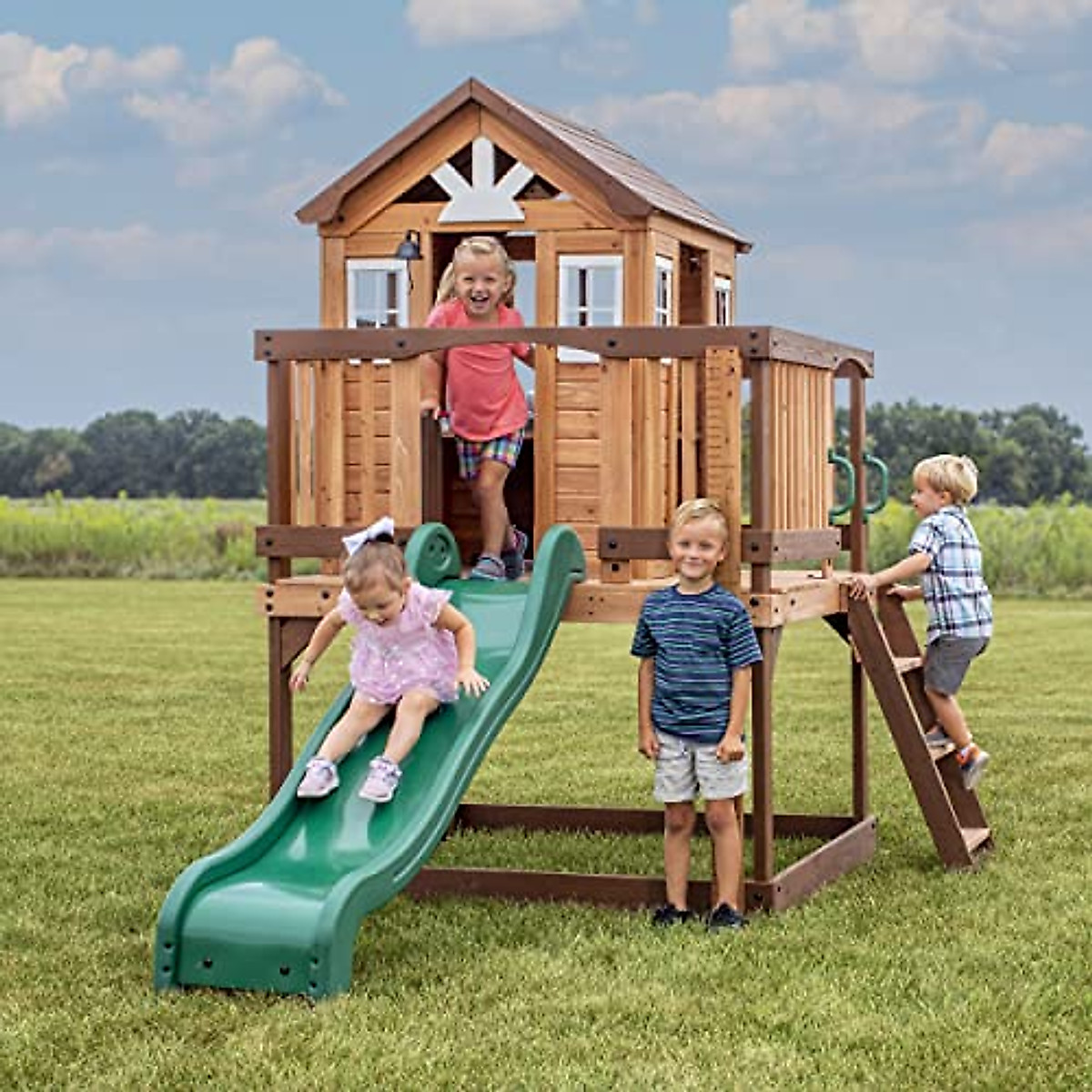 Backyard Discovery Echo Heights Elevated Cedar Playhouse, Play Kitchen, Powered Blender, Working Bell, 6 ft Wave Slide, Wrap-Around Deck, Flat Step Ladder, Growth Chart