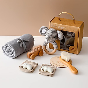 OESSUF New Born Baby Gift Basket, Baby Boys Girls Shower Gifts with Wooden Elephant Rattles, 6PCs Newborn Essentials Bath Set with Baby Brush,Blanket,Milestones Cards