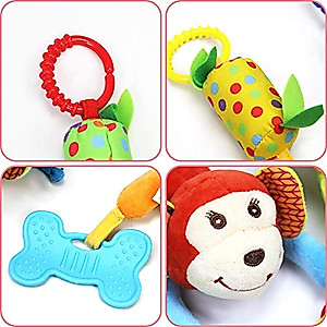 Joyshare 4 PCS Baby Soft Hanging Rattle Crinkle Squeaky Toy - Baby Toys for 0 3 6 9 to 1 Animal Ring Plush Stroller Infant Car Bed Crib Travel Activity Hanging Wind Chime with Teether for Boys Girls