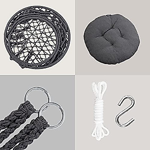 SUNCREAT Hammock Chair Hanging Macrame Swing with Cushion and Hardware Kits, Max 330 Lbs, Handmade Knitted Mesh Rope Swing Chair for Indoor, Outdoor, Bedroom, Patio, Yard, Deck, Garden, Grey