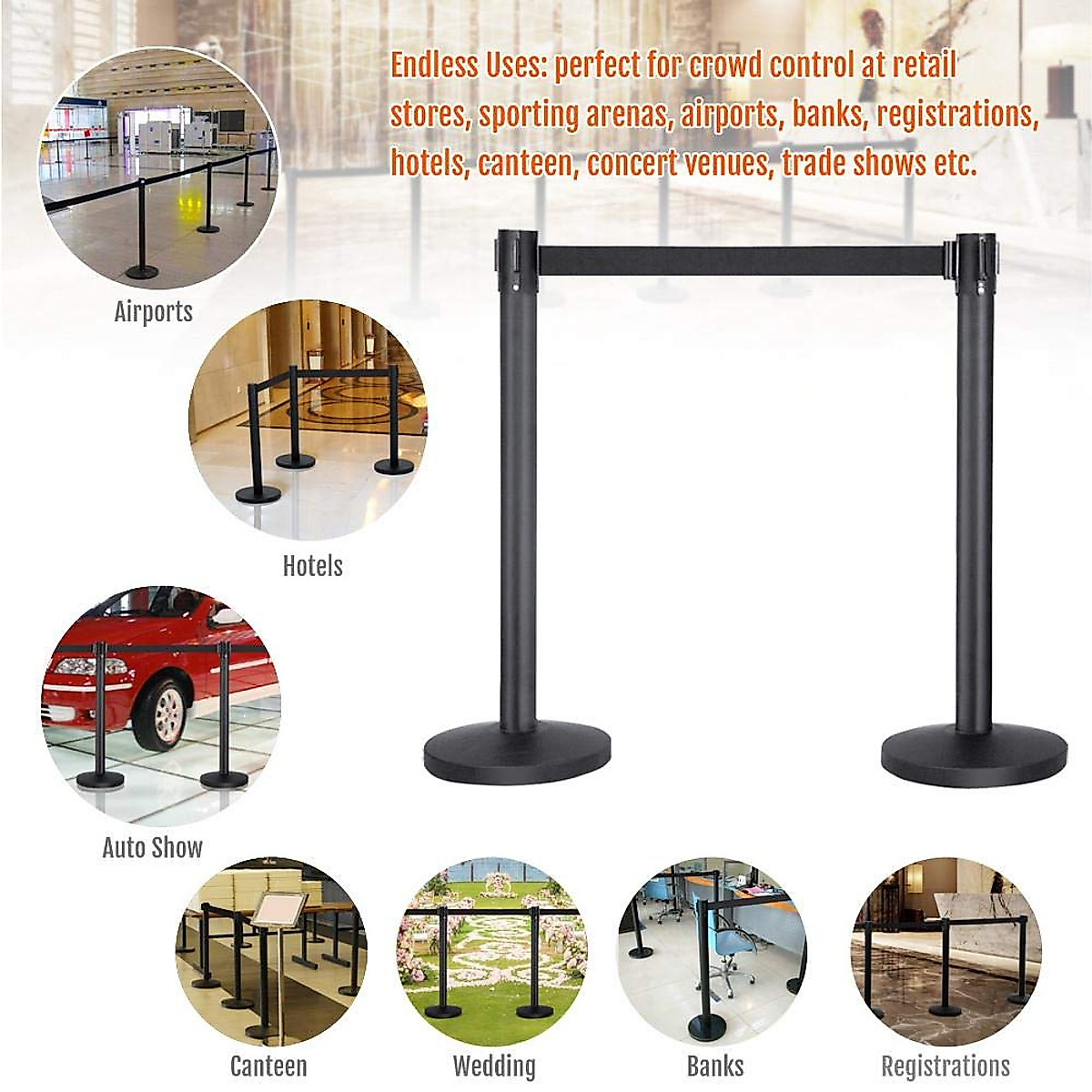 Yaheetech 8-Pack Retractable Belt Stanchion Set with 6.5FT Black Retractable Belt Crowd Control Barriers Queue Barriers Security Pole Posts
