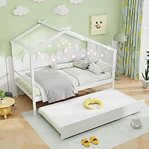 Giantex Wood House Bed for Kids, Twin Bed Frame with Trundle Bed Twin, Kids Bed Frame with Headboard and Footboard, Twin Size House Bed for Kids, Girls, Boys (White)