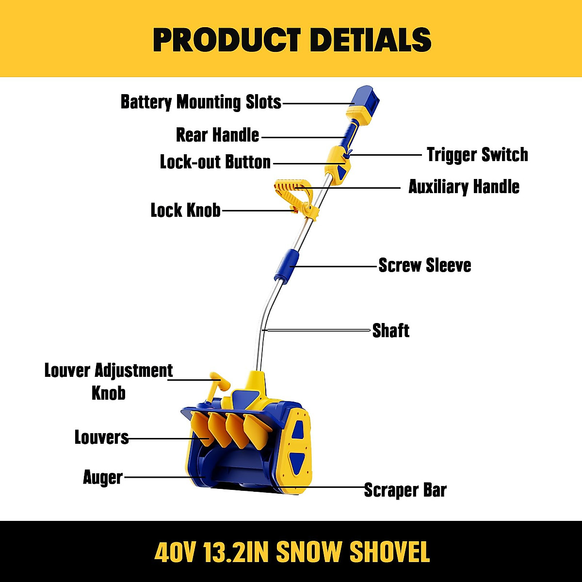 40V Cordless Snow Shovel Compatible with Dewalt 20V Battery(Tool Only), Electric Power Snow Thrower, Handheld Snow Blower with 13.2" in. Width 8" in. Depth, 26.5' ft Throwing Distance