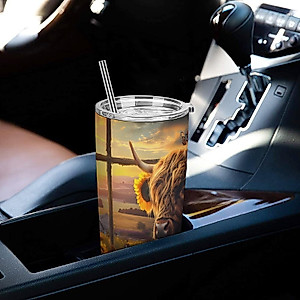 Highland Cow From Window Sunflower Sunset 20 Oz Tumbler with Straw Lid Insulated Travel Coffee Mug Large Capacity Car Cup