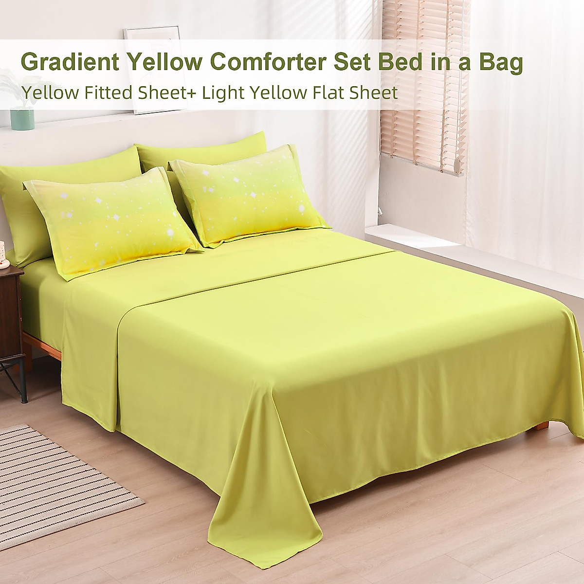 Drucon Girls Comforter Set Twin, 6 Pieces Bed in a Bag Gradient Yellow Comforter Soft Microfiber Bedding Set Twin Size(1 Comforter, 1 Flat Sheet, 1 Fitted Sheet, 1 Pillow sham, 2 Pillowcases)