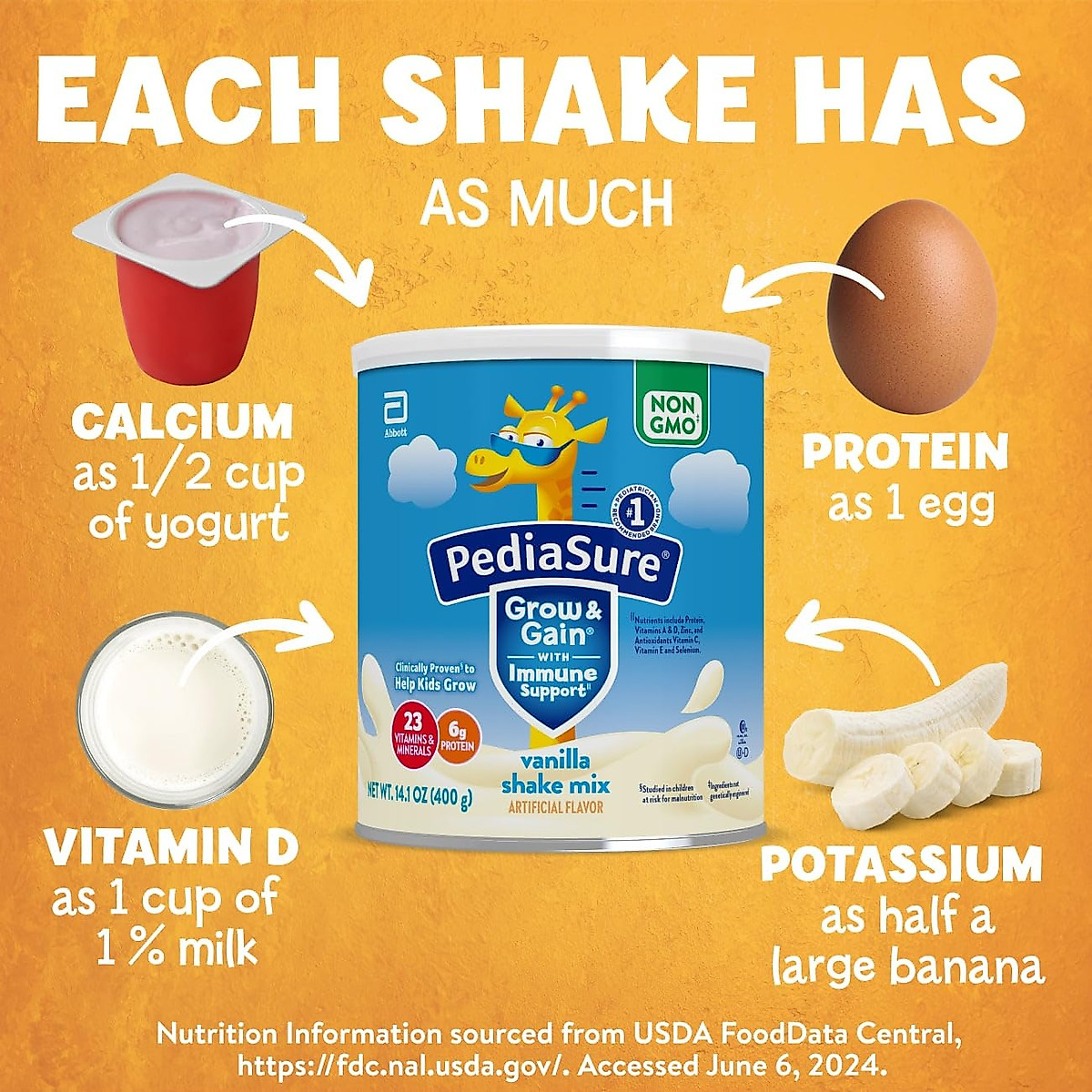 PediaSure Grow & Gain With Immune Support Shake Mix Powder, Kids Protein Shake, Vanilla, 14.1 oz Can, Pack of 3—24 Servings