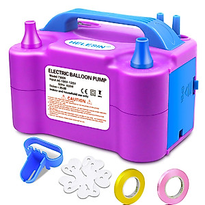 Electric Balloon Pump Electric Air Balloon Pump Portable Dual Nozzle Balloon Blower Pump Inflation with Tying Tool, Flower Clip and Colored Ribbons for Decoration, Party (Purple)