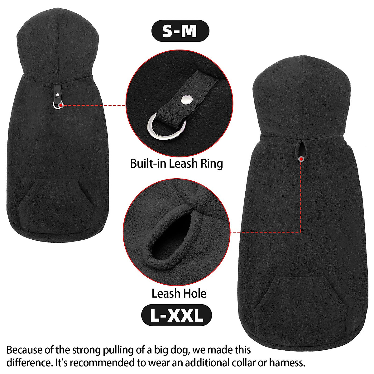 EXPAWLORER Dog Hoodie with Pocket, Polar Fleece Dog Sweatshirt Fall Cold Winter Sleeveless Sweater with Hood, Warm Cozy Pet Clothes for Small to Large Dogs Boys and Girls (Black, XXL)