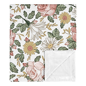 Sweet Jojo Designs Vintage Floral Baby Girl Receiving Security Swaddle Blanket for Newborn or Toddler Nursery Car Seat Stroller Soft Minky - Pink Yellow Green Boho Shabby Chic Rose Flower Farmhouse