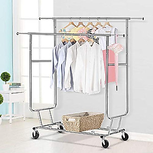Yaheetech Double Rail Portable Clothing Garment Rack on Wheels, Collapsible/Extendable Rack Hanger Holder, Commercial Adjustable Rolling Clothes Rack 250lbs Capacity, Heavy Duty, Chrome