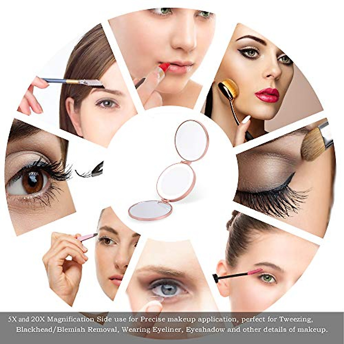 B Beauty Planet 20X Magnifying Mirror with Light, 20X/5X/1X Travel Lighted Makeup Mirror,Portable LED Compact Mirror,Handheld Folding Rechargeable Ring Light Mirror(4inches, Rose Gold)