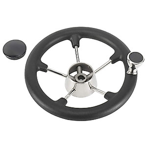 NovelBee 11-1/2 Inch Stainless Steel 5 Spoke Boat Marine Destroyer Steering Wheel with Black PU Foam (With Knob)