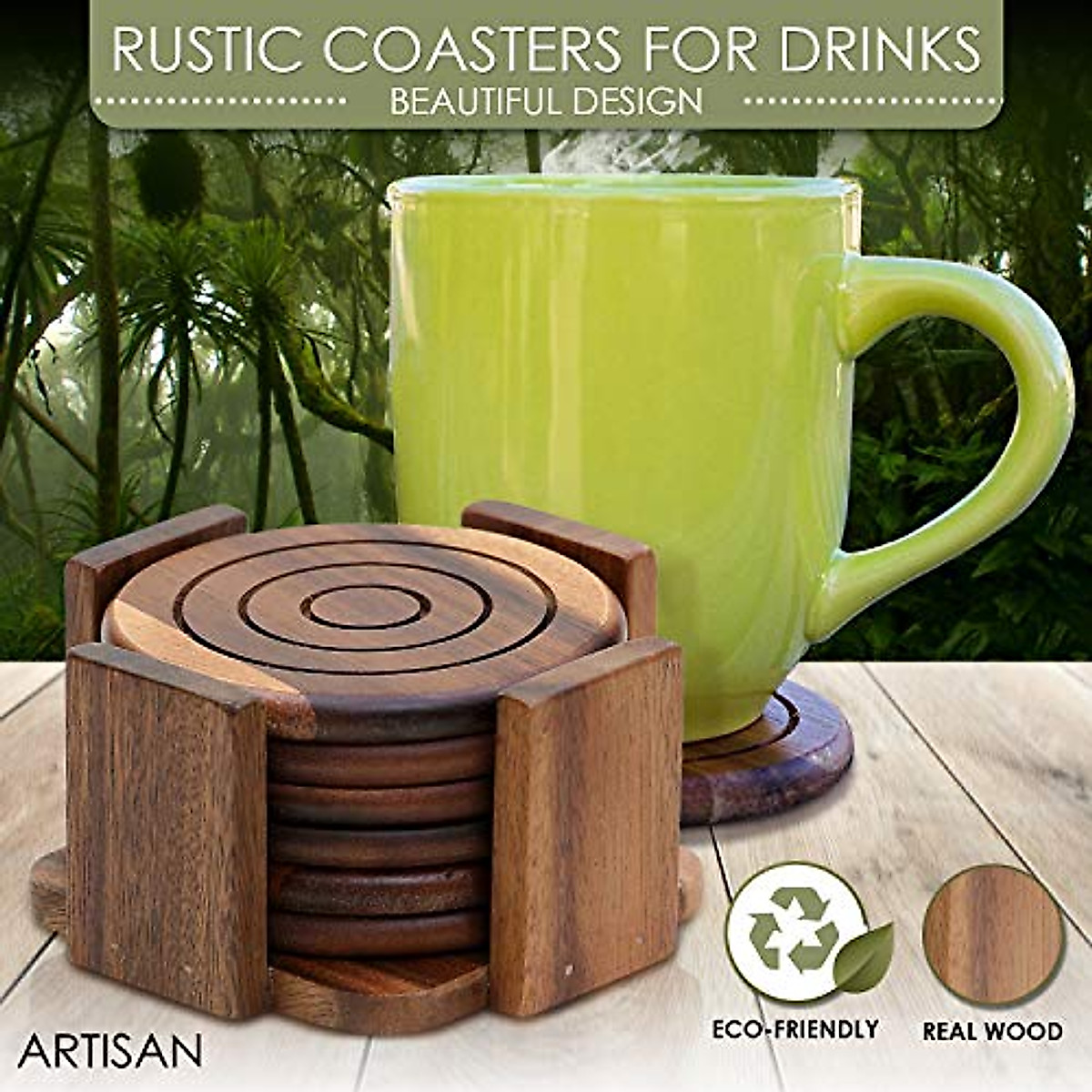 ARTISAN 6 Piece Round Acacia Wood Coaster Sets - Unique Rustic Wood Coasters for Drinks - Drink Cup Coaster Set - Absorbent Coasters with Holder for Coffee Table